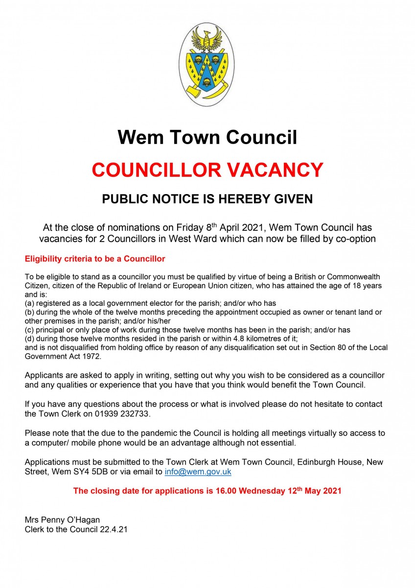 Wem Town Council - Councillor Vacancy | Wem Town Council